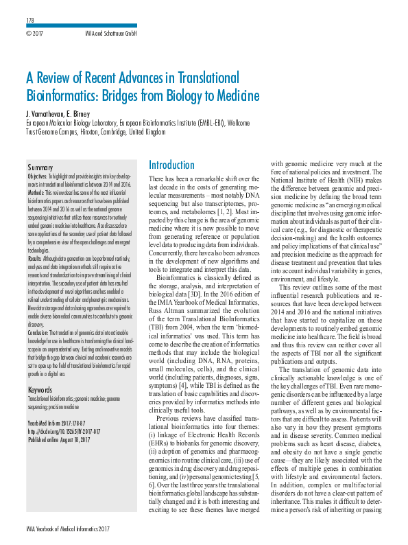 (PDF) A Review of Recent Advances in Translational Bioinformatics: Bridges from Biology to Medicine