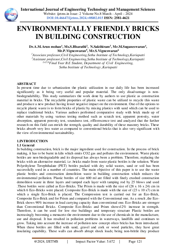 (PDF) ENVIRONMENTALLY FRIENDLY BRICKS IN BUILDING CONSTRUCTION