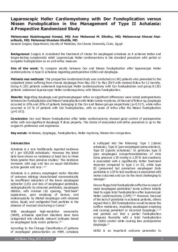 (PDF) Laparoscopic Heller Cardiomyotomy with Dor Fundoplication versus ...