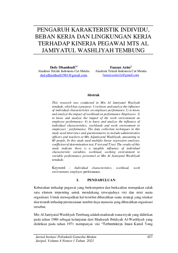 (PDF) Pengaruh Karakteristik Individu, Beban Kerja Dan Lingkungan Kerja Terhadap Kinerja Pegawai ...