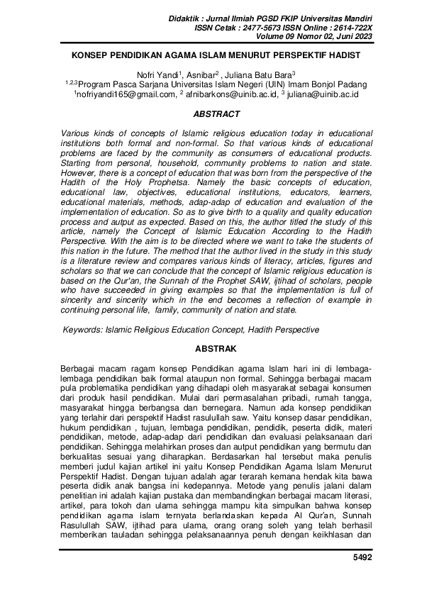 (PDF) Konsep Pendidikan Agama Islam Menurut Perspektif Hadist