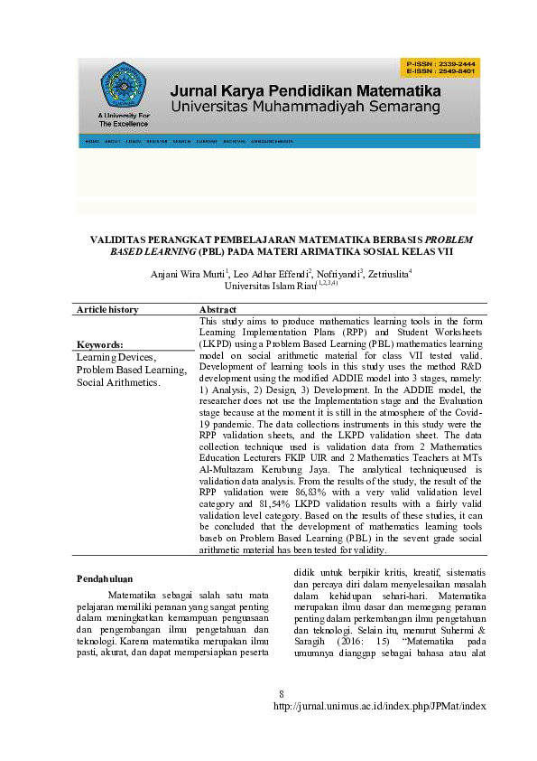 (PDF) Validitas Perangkat Pembelajaran Matematika Berbasis Problem Based Learning (PBL) Pada ...