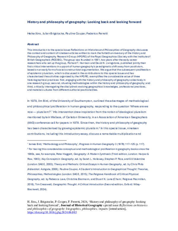 (PDF) H. Jöns, J. Brigstocke, P. Couper, F. Ferretti, 2024, ‘History and philosophy of geography ...