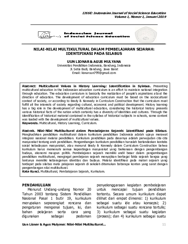 (PDF) Nilai-Nilai Multikultural Dalam Pembelajaran Sejarah: Identifikasi Pada Silabus