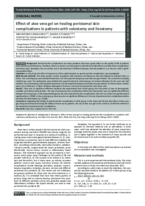 (PDF) Effect of aloe vera gel on healing peristomal skin complications ...
