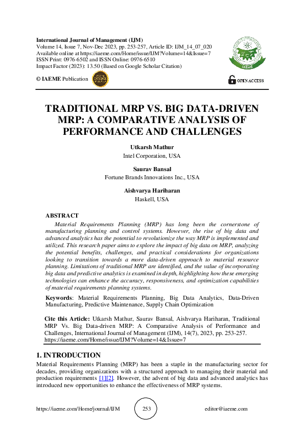 (PDF) TRADITIONAL MRP VS. BIG DATA-DRIVEN MRP: A COMPARATIVE ANALYSIS OF PERFORMANCE AND CHALLENGES