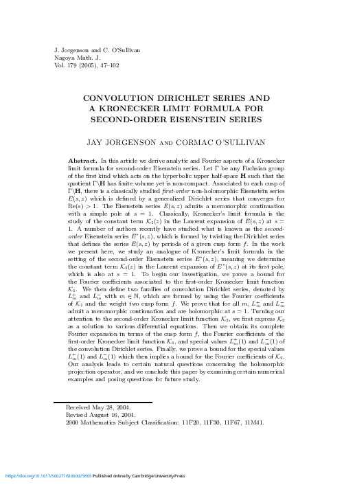 (PDF) Convolution Dirichlet Series and a Kronecker Limit Formula for ...