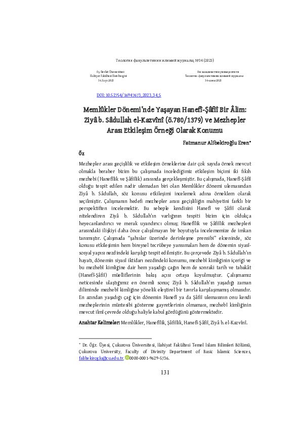 (PDF) Memlûkler Dönemi'nde Yaşayan Hanefî-Şâfiî Bir Âlim: Ziyâ b. Sâdullah el-Kazvînî (ö.780/ ...