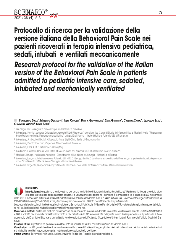 (PDF) Protocollo di ricerca per la validazione della versione italiana della Behavioral Pain ...