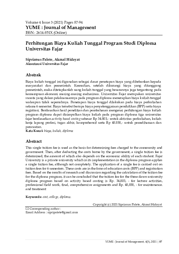 (PDF) Perhitungan Biaya Kuliah Tunggal Program Studi Diploma Universitas Fajar