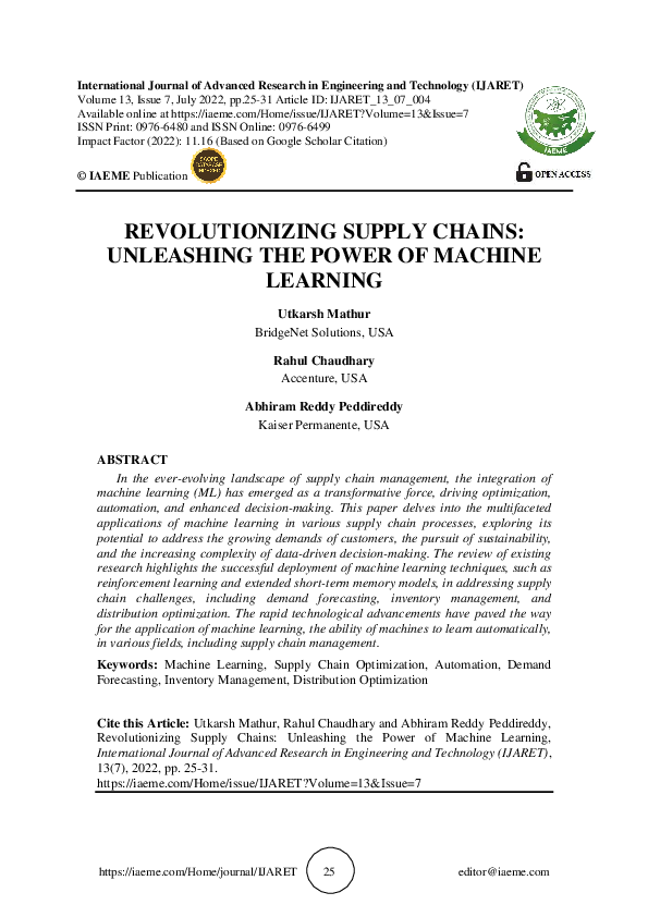 (PDF) REVOLUTIONIZING SUPPLY CHAINS: UNLEASHING THE POWER OF MACHINE LEARNING
