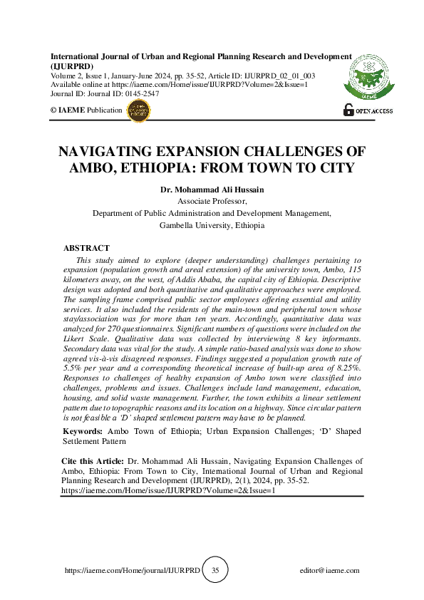 (PDF) NAVIGATING EXPANSION CHALLENGES OF AMBO, ETHIOPIA: FROM TOWN TO CITY
