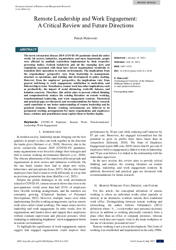 (PDF) Remote Leadership and Work Engagement: A Critical Review and ...