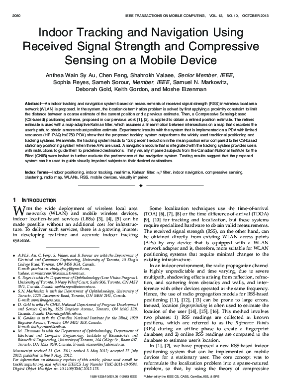 (PDF) Indoor Tracking and Navigation Using Received Signal Strength and Compressive Sensing on a ...