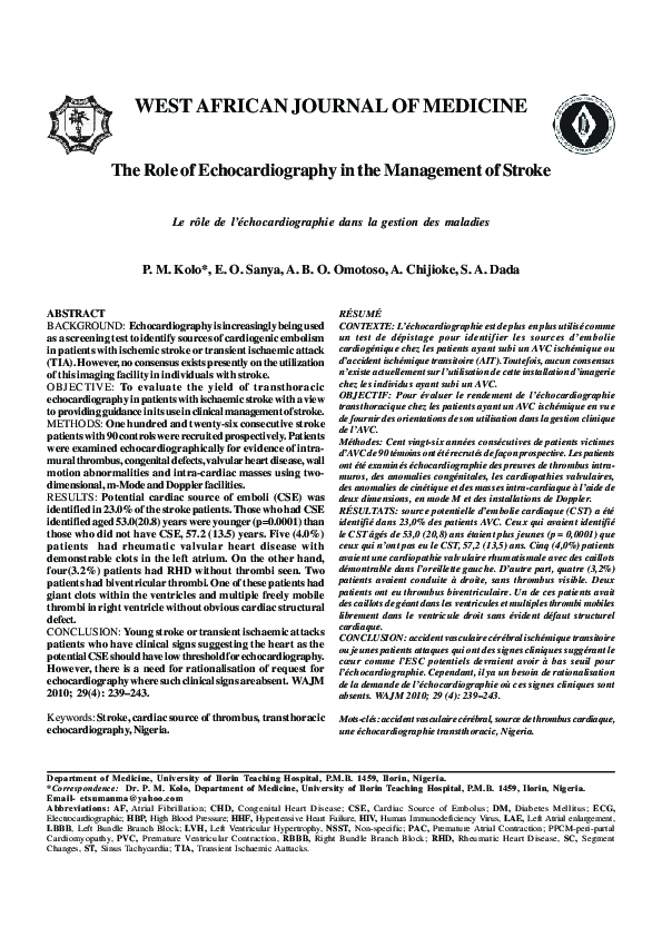 (PDF) WEST AFRICAN JOURNAL OF MEDICINE The Role of Echocardiography in the Management of Stroke ...