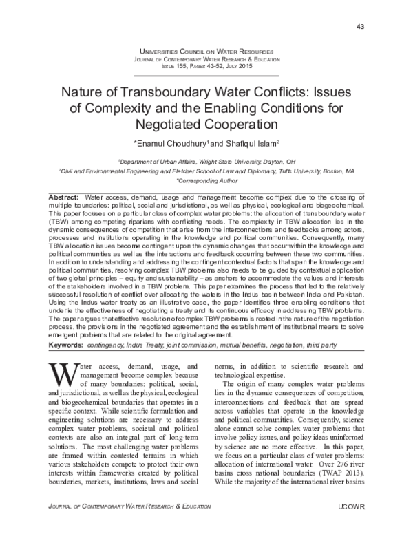 (PDF) Nature of Transboundary Water Conflicts: Issues of Complexity and ...