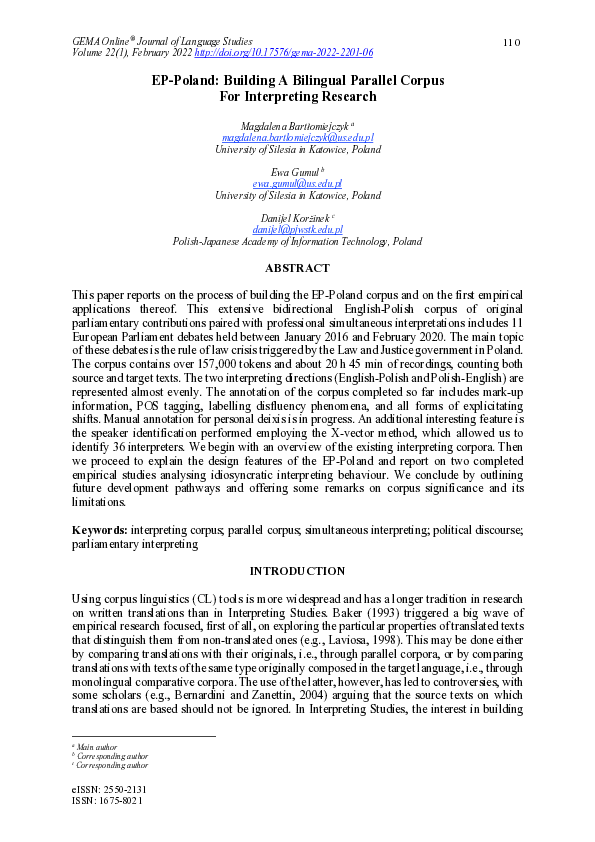 (PDF) EP-Poland: Building A Bilingual Parallel Corpus For Interpreting ...