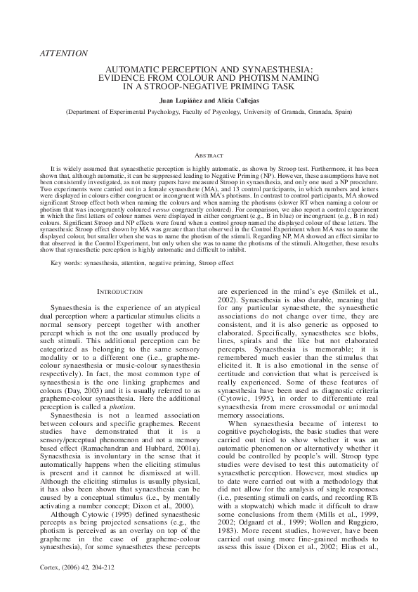 (PDF) Automatic Perception and Synaesthesia: Evidence from Colour and Photism Naming in a Stroop ...