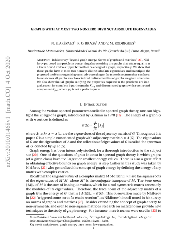 (PDF) Graphs with at most two nonzero distinct absolute eigenvalues | Virgínia Maria Rodrigues ...