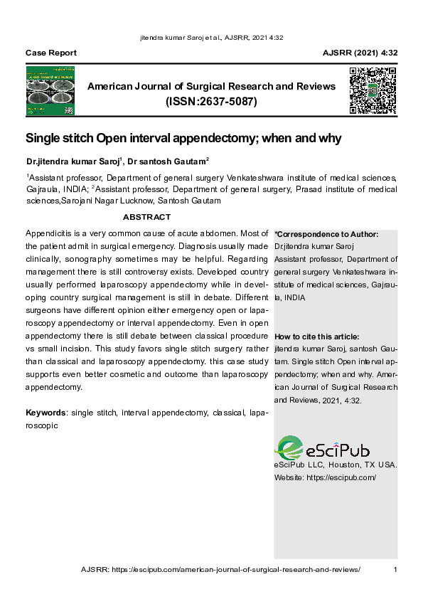 (PDF) Single stitch Open interval appendectomy; when and why