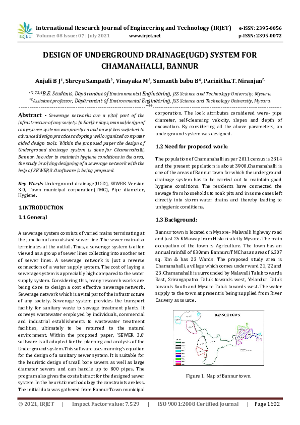 (PDF) Underground Drainage System Design for Chamanahalli
