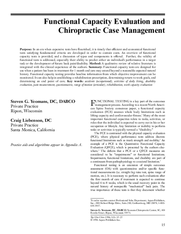 (PDF) Functional capacity evaluation and chiropractic case management