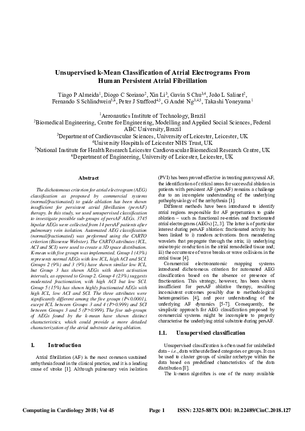 Pdf Unsupervised K Mean Classification Of Atrial Electrograms From Human Persistent Atrial
