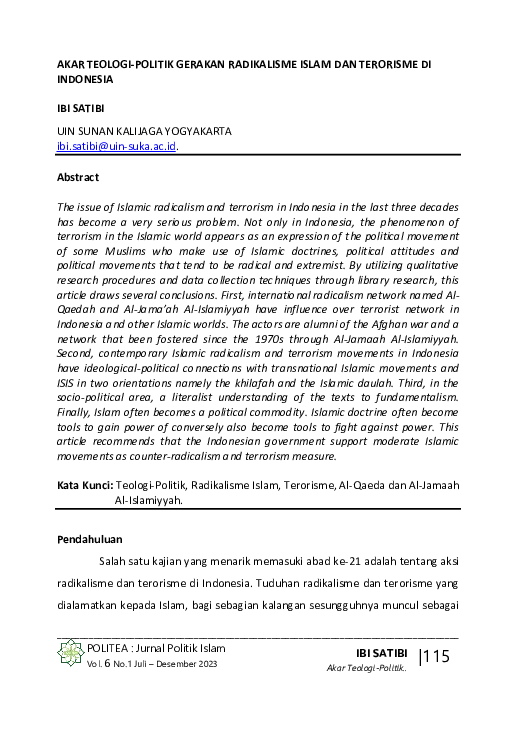 (PDF) Akar Teologi-Politik Gerakan Radikalisme Islam Dan Terorisme DI Indonesia