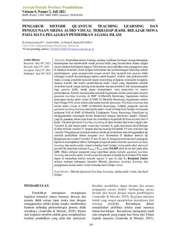 (PDF) Pengaruh Metode Quantum Teaching Learning dan Penggunaan Media Audio Visual terhadap Hasil ...