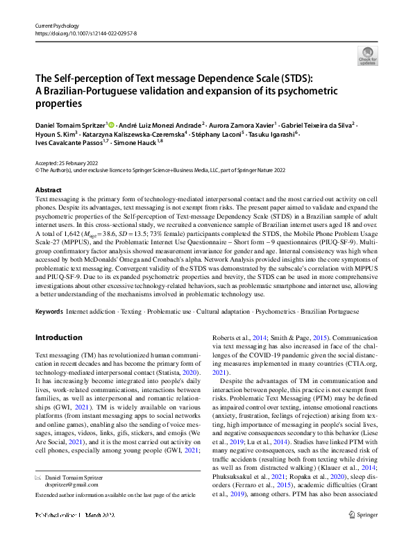 (PDF) The Self-perception of Text message Dependence Scale (STDS): A ...