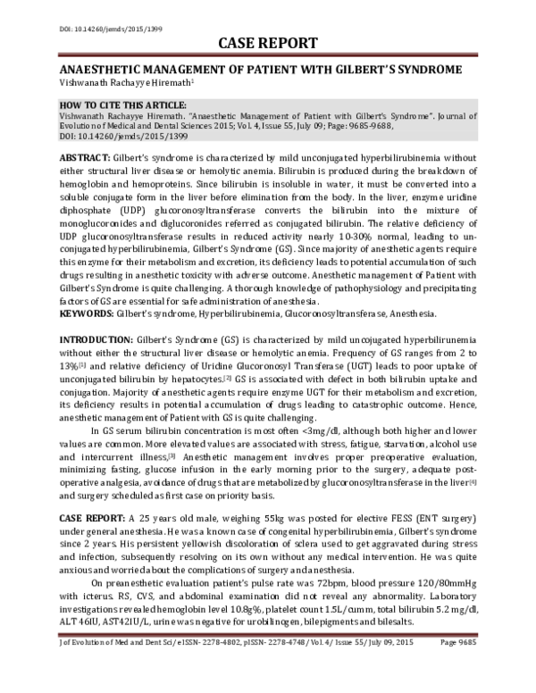 (PDF) Anaesthetic Management of Patient with Gilbert’s Syndrome