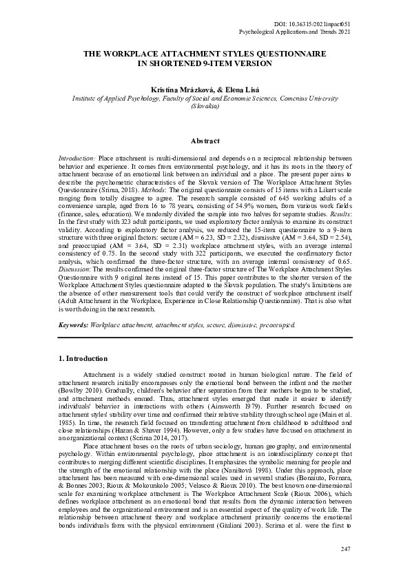(PDF) The Workplace Attachment Styles Questionnaire in Shortened 9-ITEM ...