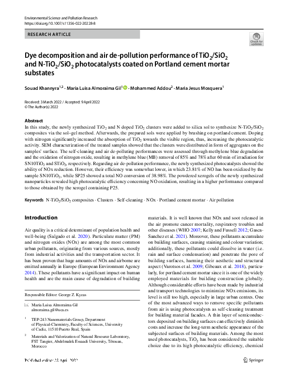 (PDF) Dye decomposition and air de-pollution performance of TiO2/SiO2 and N-TiO2/SiO2 ...
