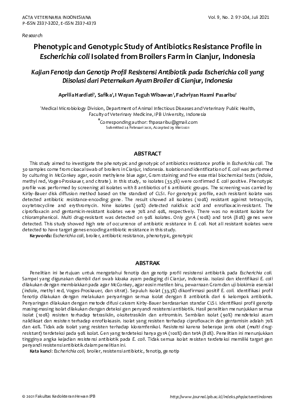 (PDF) Phenotypic and Genotypic Study of Antibiotics Resistance Profile in Escherichia coli ...