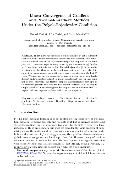 Pdf Linear Convergence Of Gradient And Proximal Gradient Methods Under The Polyak Łojasiewicz