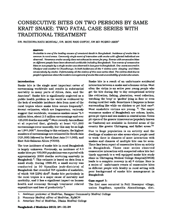 (PDF) Consecutive Bites on Two Persons by Same Krait Snake: Two Fatal ...