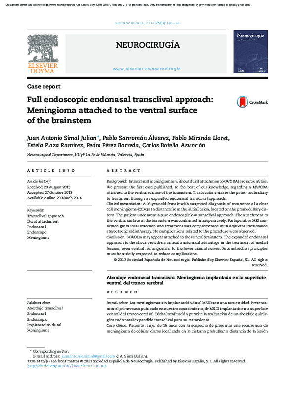 (PDF) Full endoscopic endonasal transclival approach: Meningioma ...