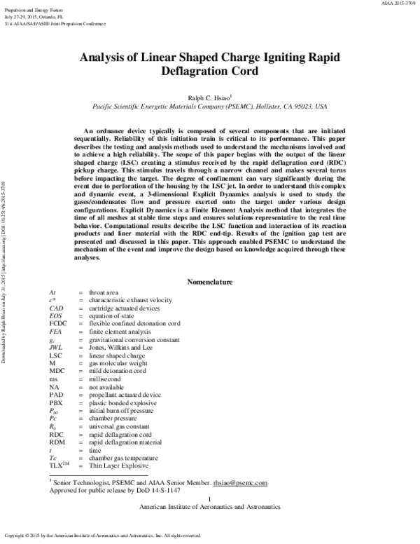 (PDF) Analysis of Linear Shaped Charge Igniting Rapid Deflagration Cord ...