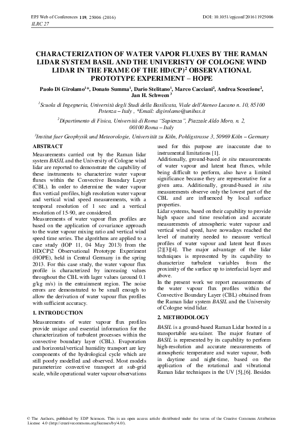 (PDF) Characterization of Water Vapor Fluxes by the Raman Lidar System ...