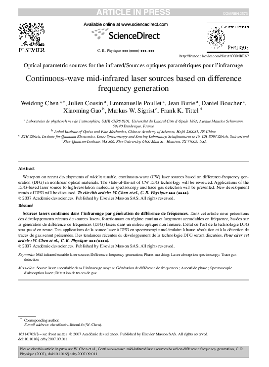 (PDF) Continuous-wave mid-infrared laser sources based on difference frequency generation
