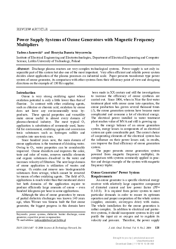 (PDF) Power Supply Systems of Ozone Generators with Magnetic Frequency ...