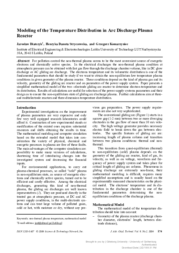 (PDF) Modeling of the Temperature Distribution in Arc Discharge Plasma Reactor