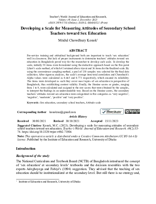 (PDF) Developing a Scale for Measuring Attitudes of Secondary School Teachers toward Sex Education