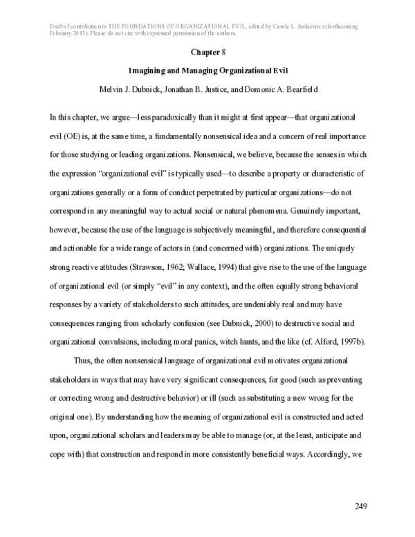(PDF) Managing Organizational Evil: A Framework