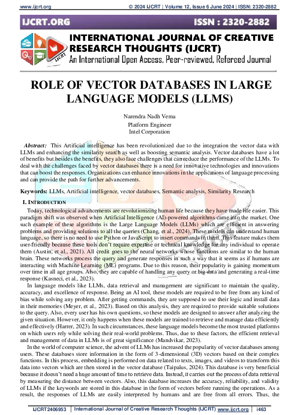 (PDF) ROLE OF VECTOR DATABASES IN LARGE LANGUAGE MODELS (LLMs)