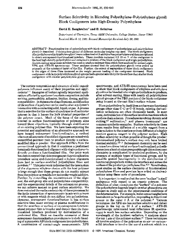 (PDF) Surface selectivity in blending polyethylene-poly(ethylene glycol) block cooligomers into ...