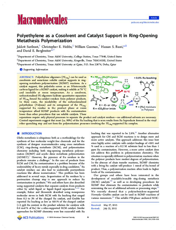 (PDF) Polyethylene as a Cosolvent and Catalyst Support in Ring-Opening ...