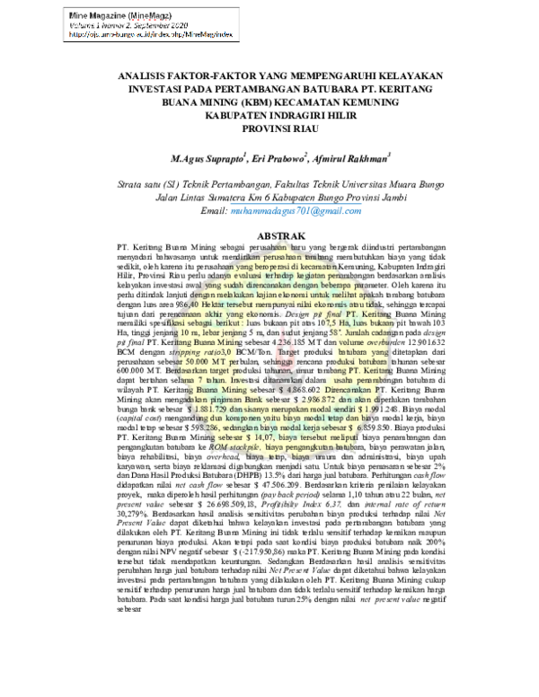 (PDF) Analisis Faktor-Faktor Yang Mempengaruhi Kelayakan Investasi Pada Pertambangan Batubara Pt ...