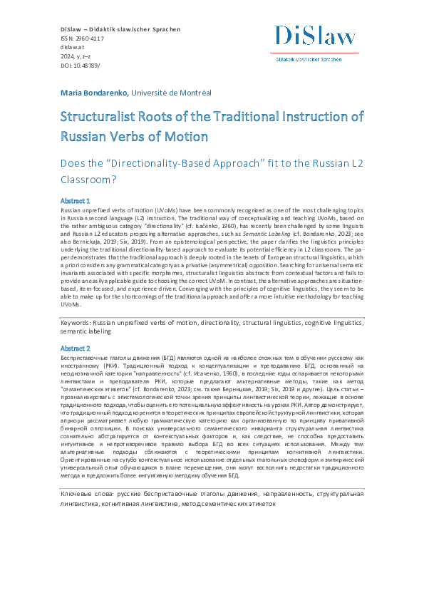 (PDF) Structuralist roots of the traditional instruction of Russian ...