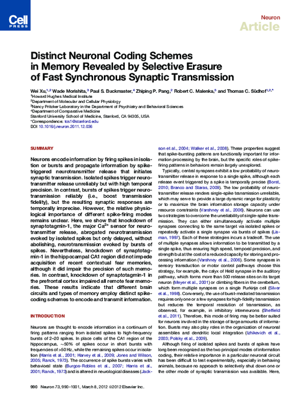 (PDF) Distinct Neuronal Coding Schemes in Memory Revealed by Selective Erasure of Fast ...